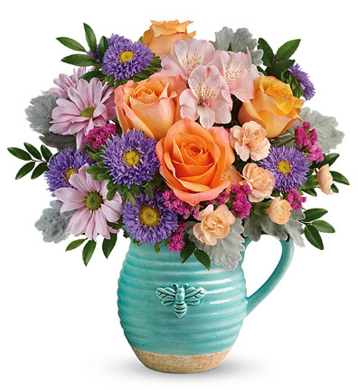 Busy Bee Pitcher Bouquet Deluxe - Spring Flowers