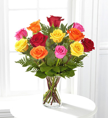 One Dozen Mixed Roses with Vase - Next Day Flower Delivery